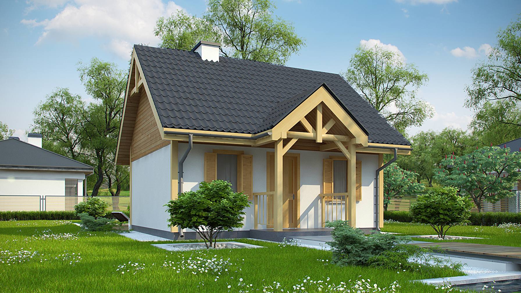Návrh domu Z352 Malý domček s verandou a sedlovou strechou.